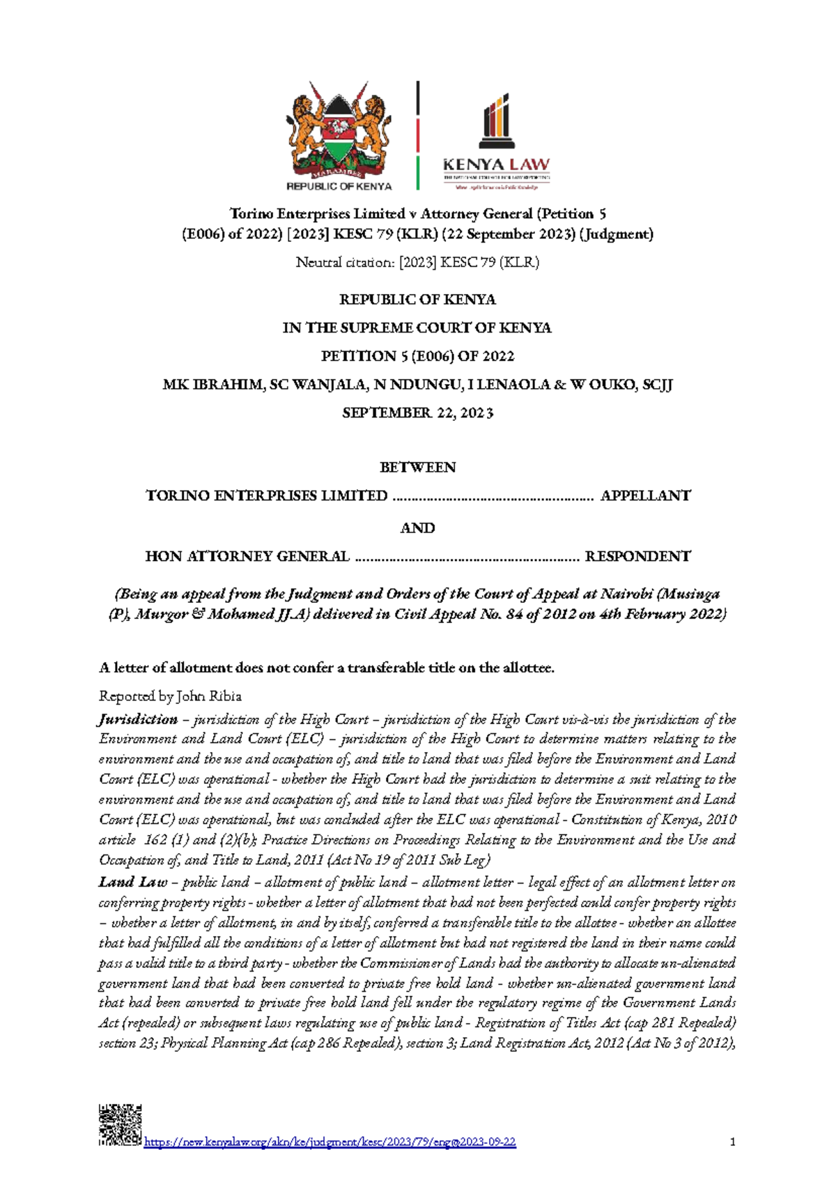 Torino Enterprises Ltd v Attorney General (Petition 5 (E006) of 2022 ...