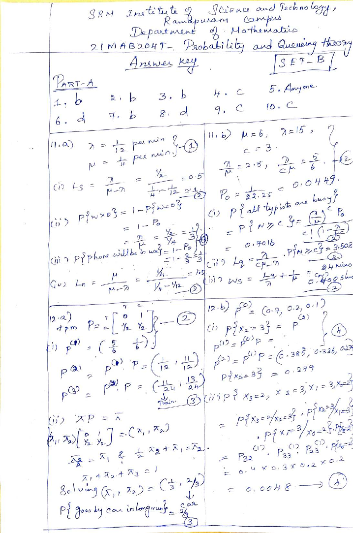 Cla3 Answer key PQT - pqt cla3 ans key may 2025 - Probability and Queueing Theory - Studocu