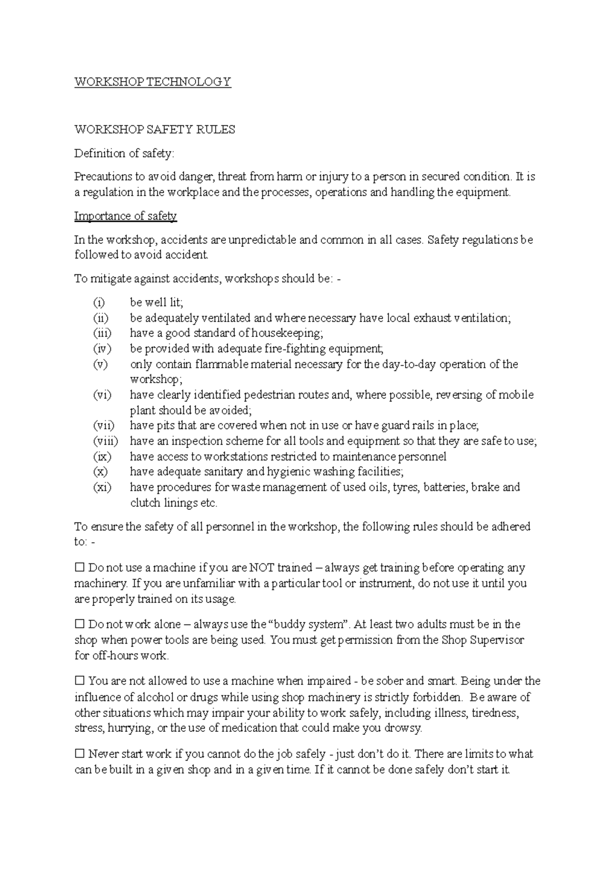 Workshop Technology Safety Guidelines and Practices Notes 1 - Studocu