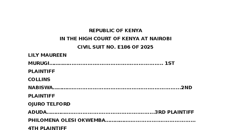 Civil Suit E186 of 2025: Plaintiffs vs. Defendants Overview - Studocu