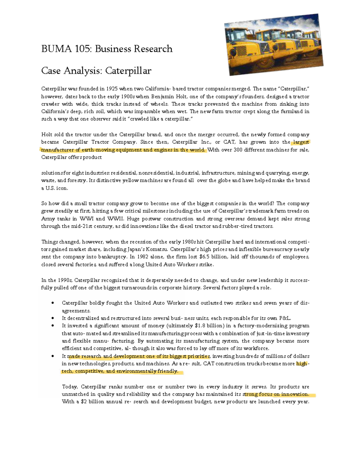 BUMA 105: Case Analysis of Caterpillar's Business Evolution - Studocu