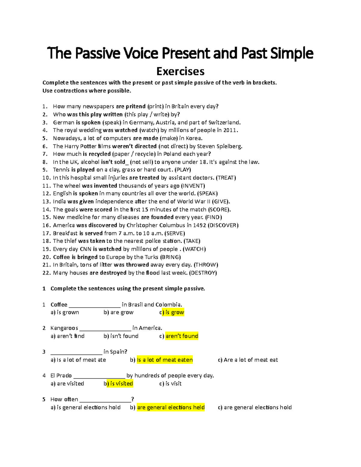 The Passive Voice Present and Past Simple Exercises - The Passive Voice ...