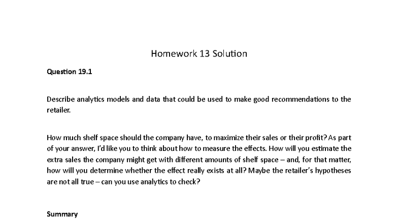 HW13: Optimizing Shelf Space for Retailer Sales & Profit - Studocu