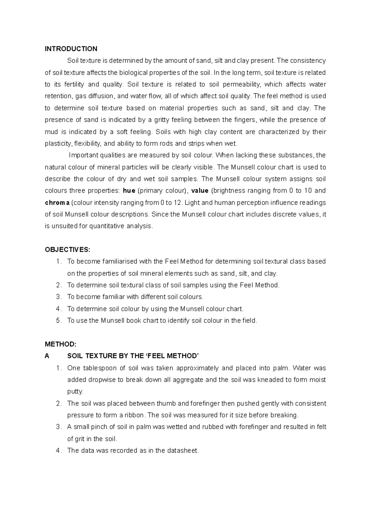 Experiment 2: Soil Texture Analysis using the Feel Method - Studocu