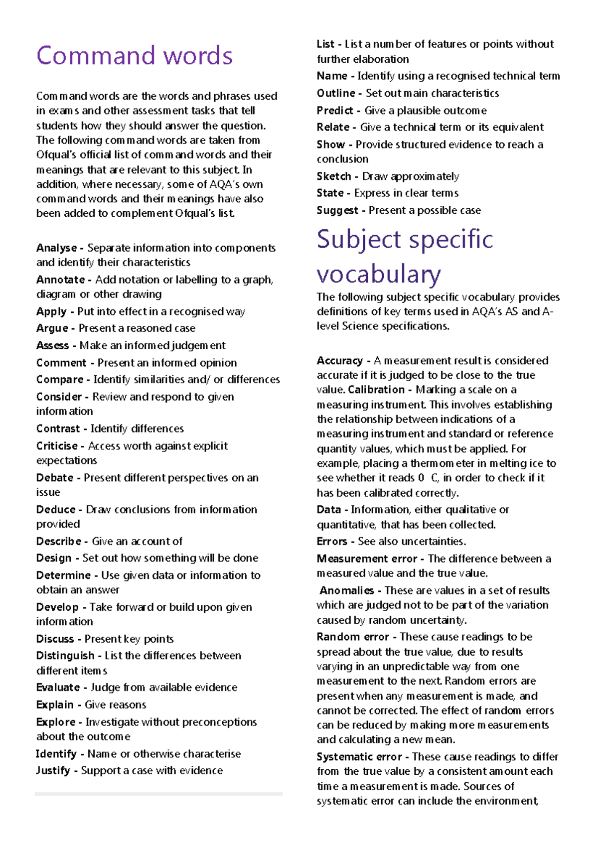 Command Words List for AS/A Level Science Assessments - Studocu