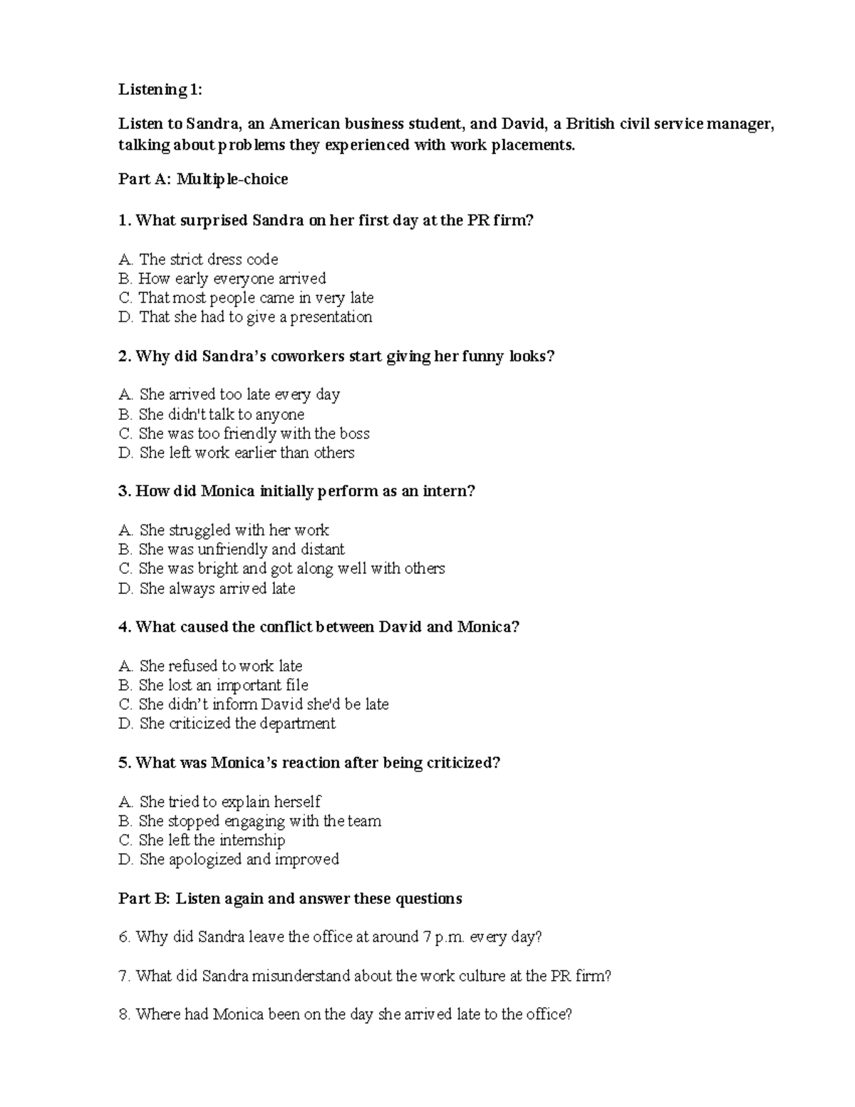 Listening 1: Work Placement Challenges - Unit Audio Guide - Studocu