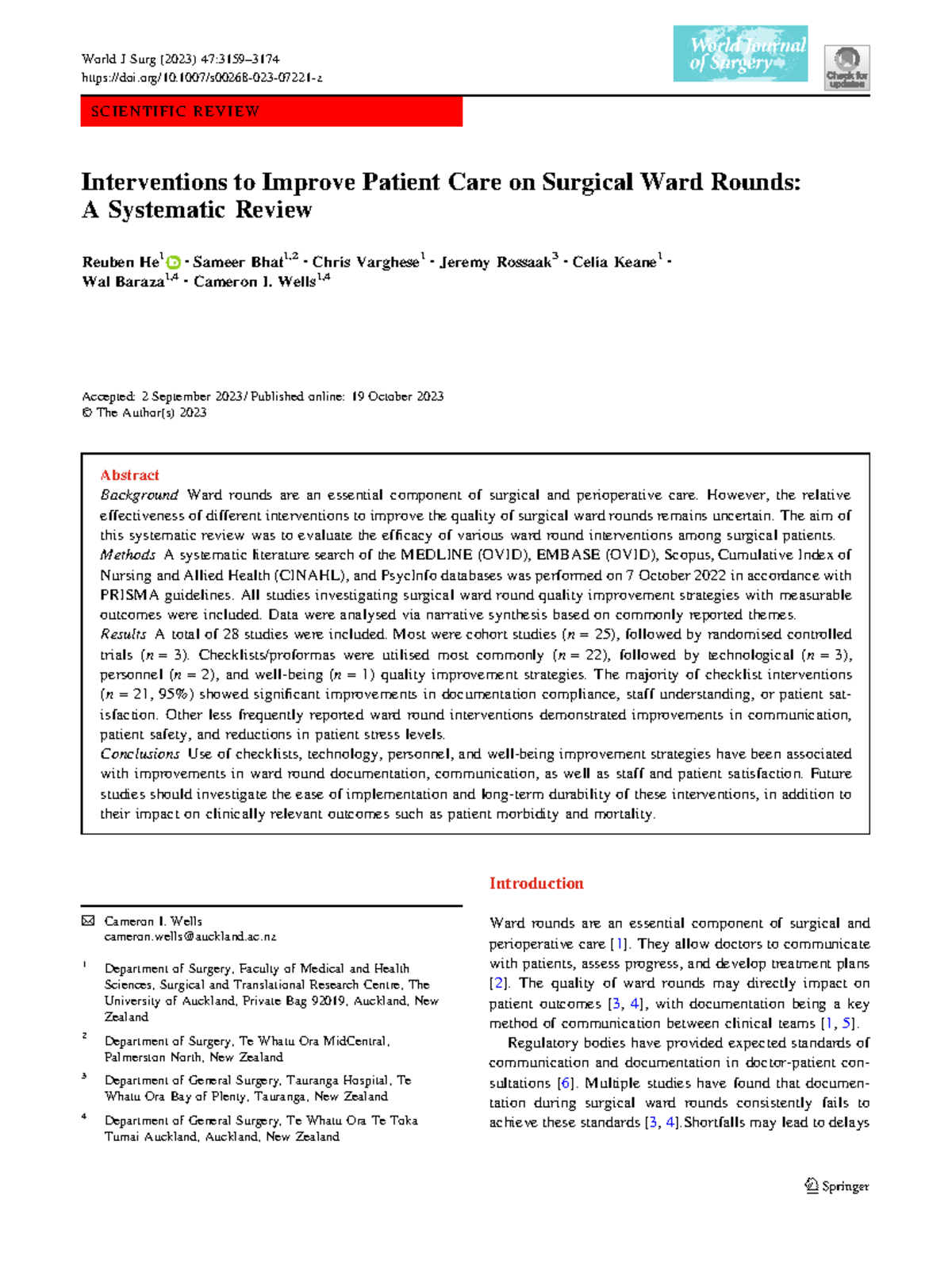World J Surg (2023) Systematic Review of Surgical Ward Round ...