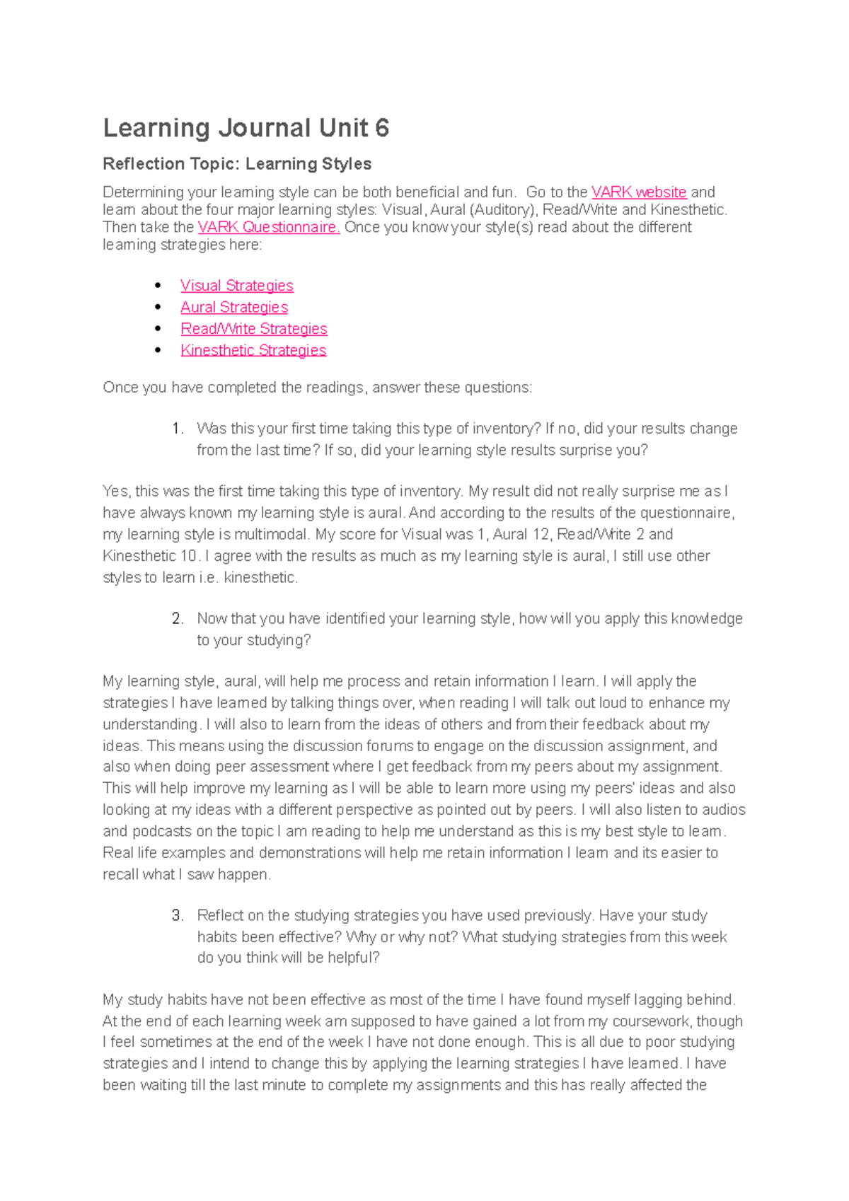 Learning Journal Unit 6: Exploring Learning Styles & Strategies - Studocu