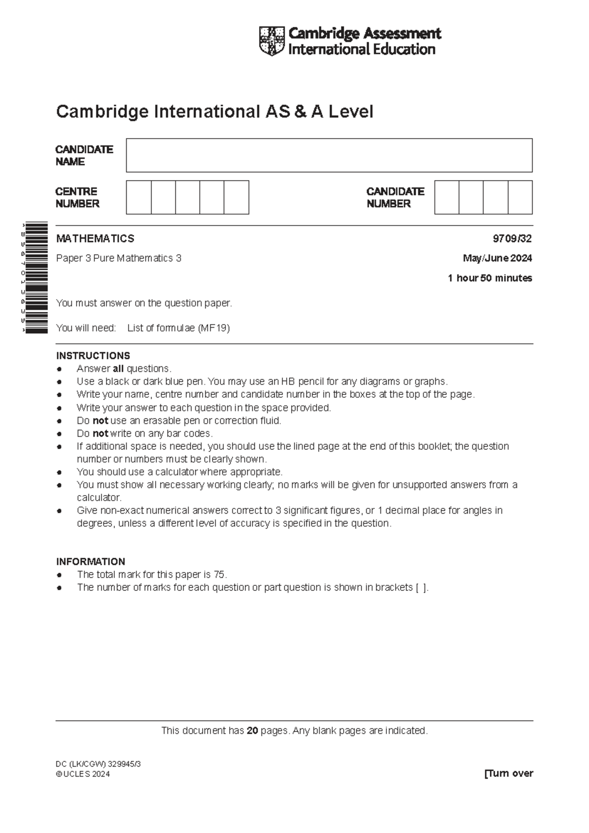 Cambridge International AS A Level 9709/32 Mathematics Paper 3 Pure ...