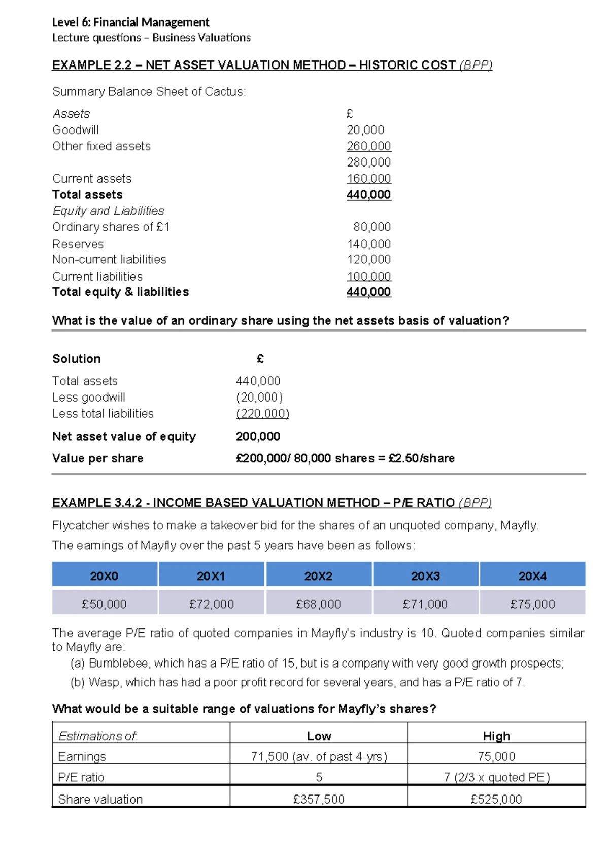 Level 6: Financial Management - Business Valuation Lecture Questions ...
