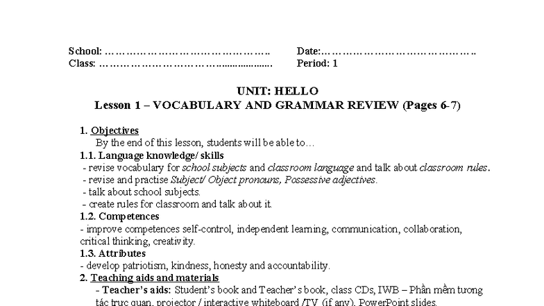 Unit HELLO: Lesson 1 - Vocabulary & Grammar Review - Studocu