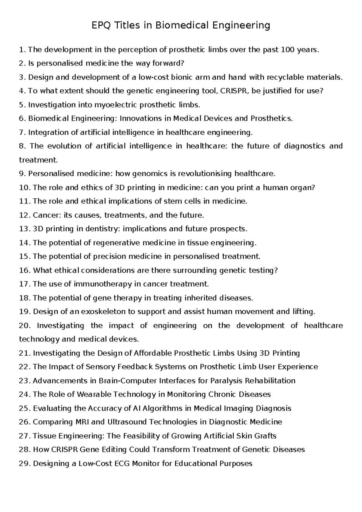 Biomedical Engineering EPQ Titles: Innovations and Ethical ...