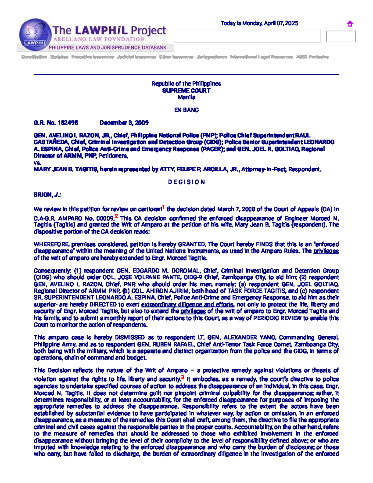 G.R. No. 182498: Writ of Amparo Decision on Engr. Morced Tagitis ...