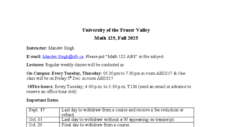 Math 125 Course Outline: AB3 TR Fall 2025 Details - Studocu