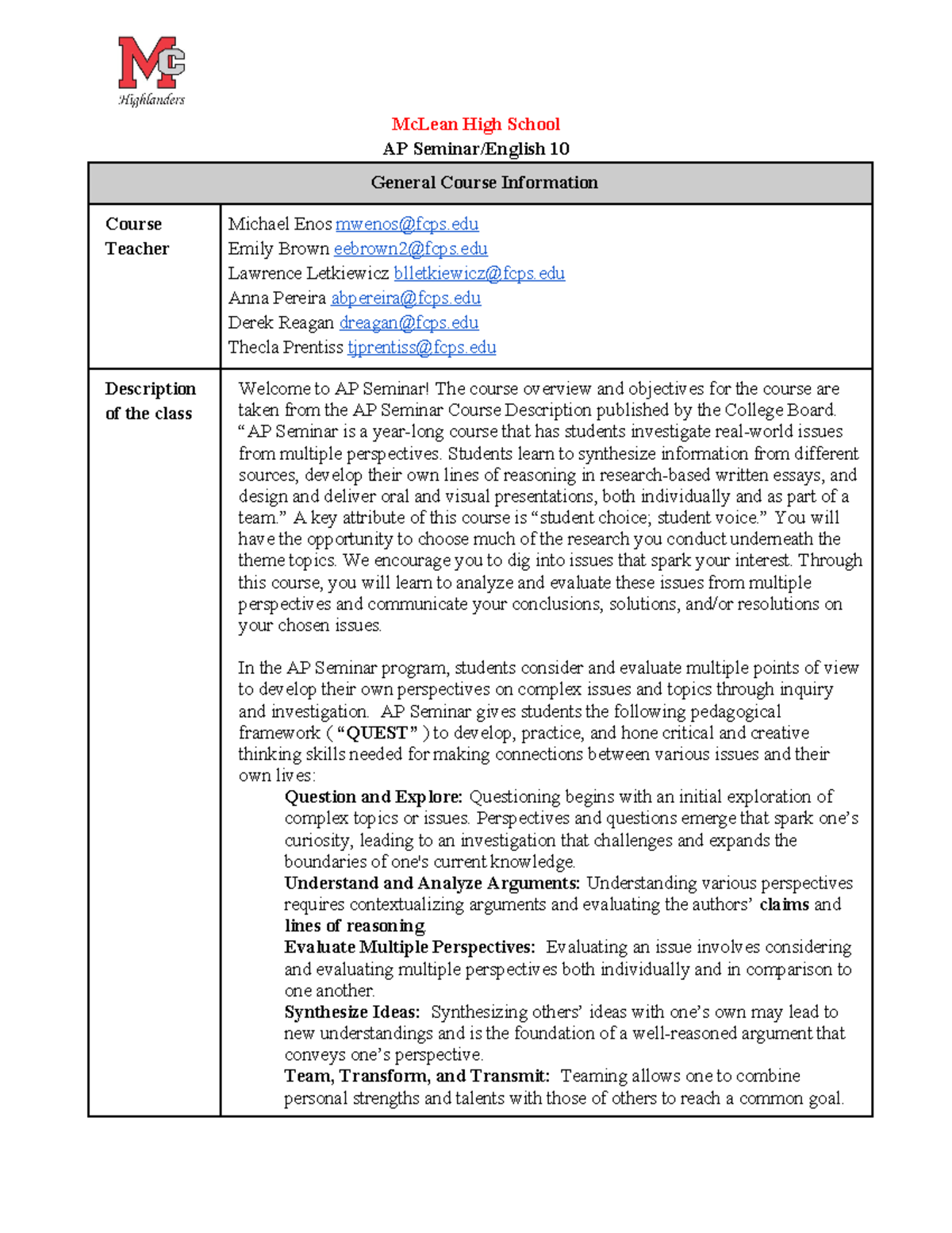 AP Seminar Syllabus Overview for 2024-2025 at McLean High School - Studocu