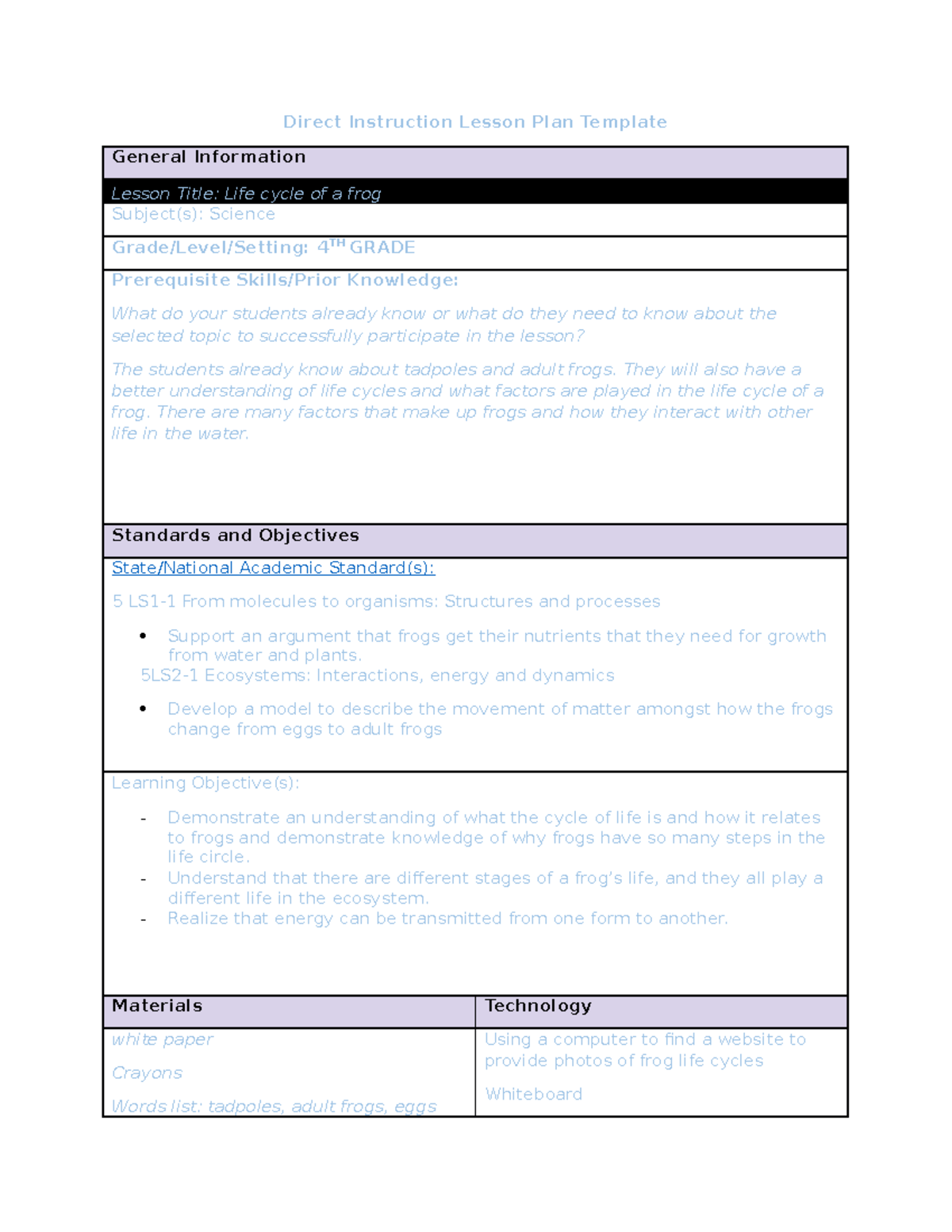 HXM1 TASK 1 - lesson plan for this course - Direct Instruction Lesson ...