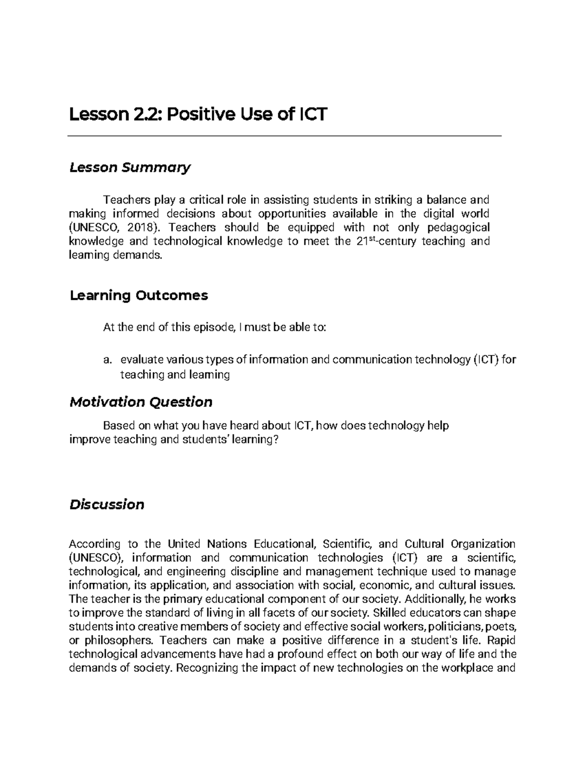 Lesson 2.2: Summary of Positive ICT Use in Education - Studocu