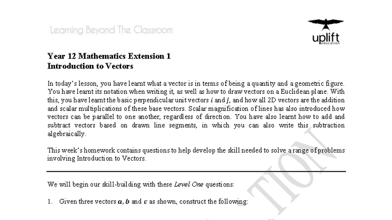 Year 12 Mathematics Extension 1: Intro to Vectors Lesson Notes - Studocu