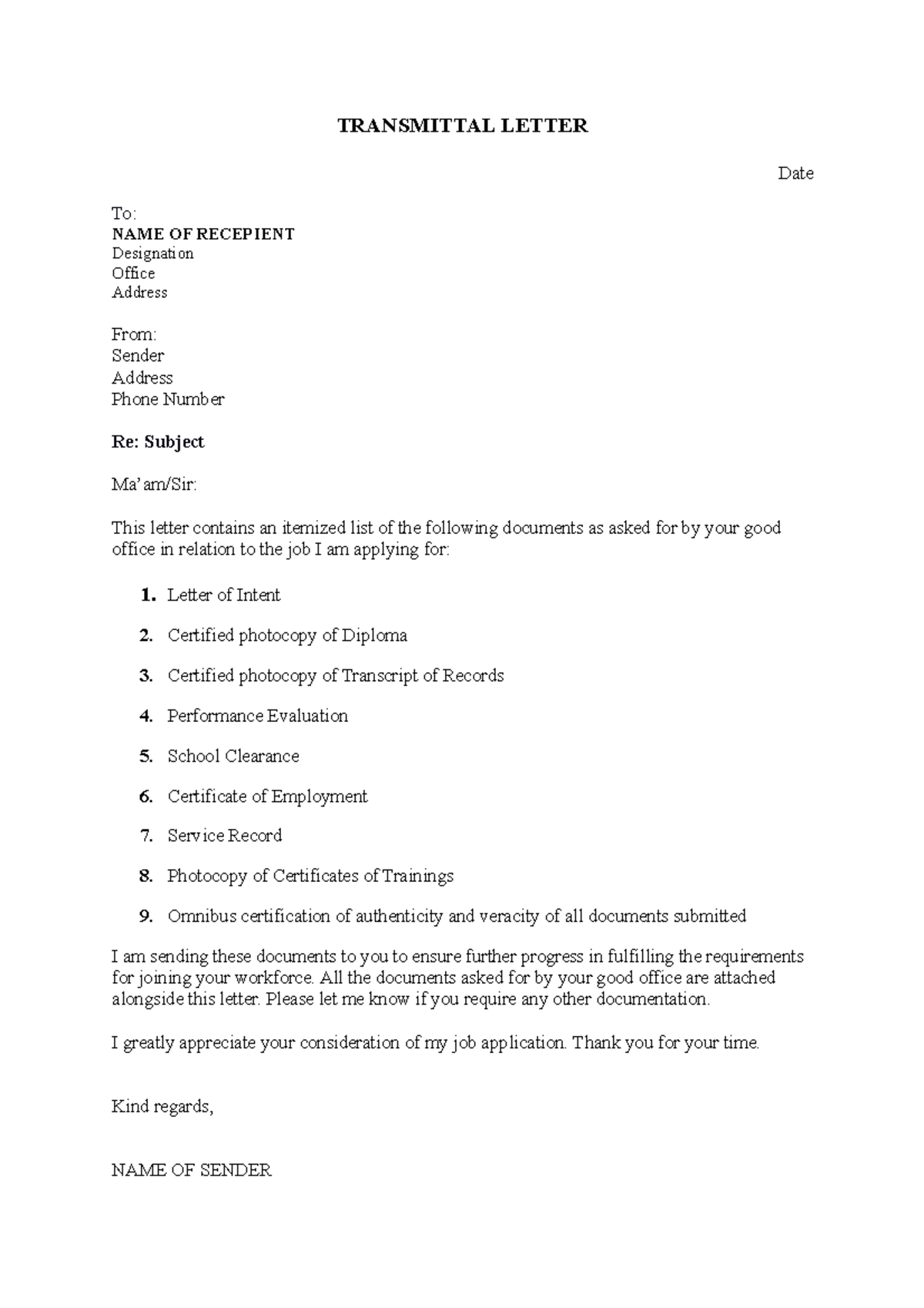 Transmittal Letter Format