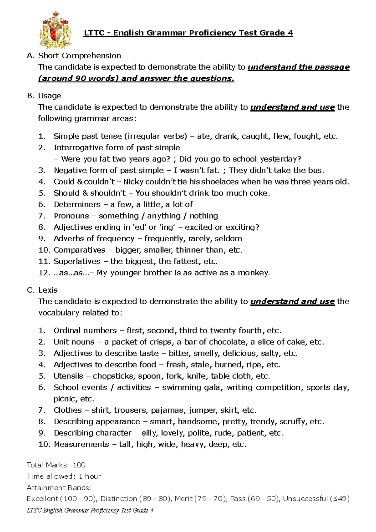 168 LTTC Grade 4 English Grammar Proficiency Test Sample - Studocu