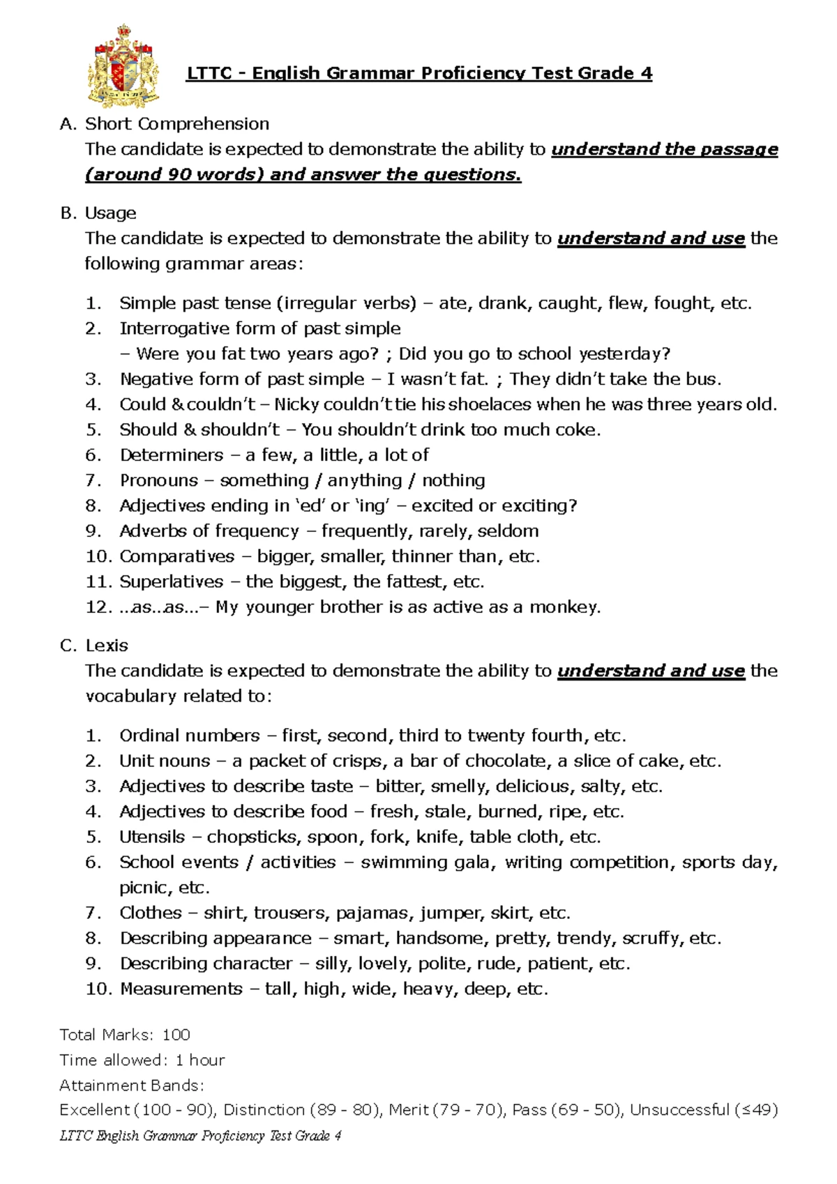 167 LTTC Grade 3 English Grammar Proficiency Test Sample - Studocu