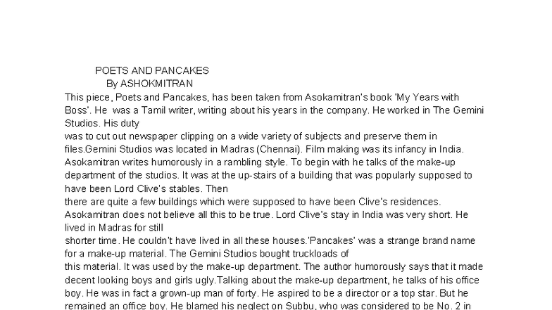 POETS AND PANCAKES: ASHOKAMITRAN - Practice Questions & Insights - Studocu