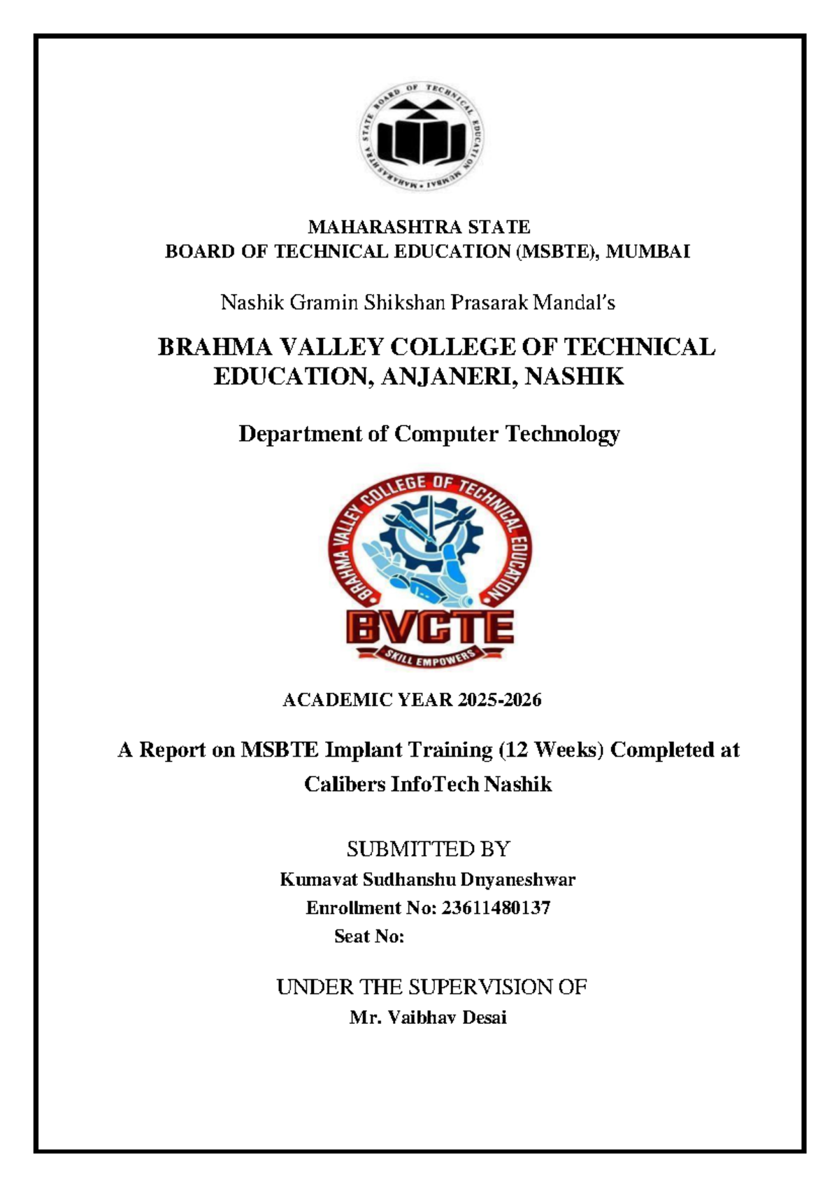 ITR Brahma Valley Report: MSBTE Implant Training Overview - Studocu