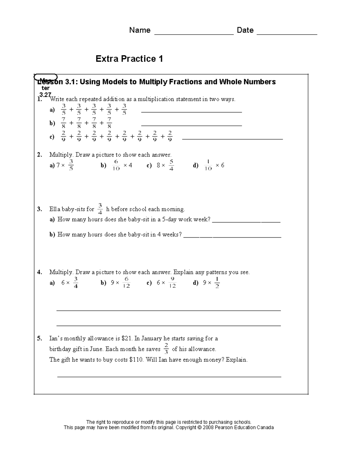 Chapter 3 Extra Practice: Multiplying and Dividing Fractions (Mas ...