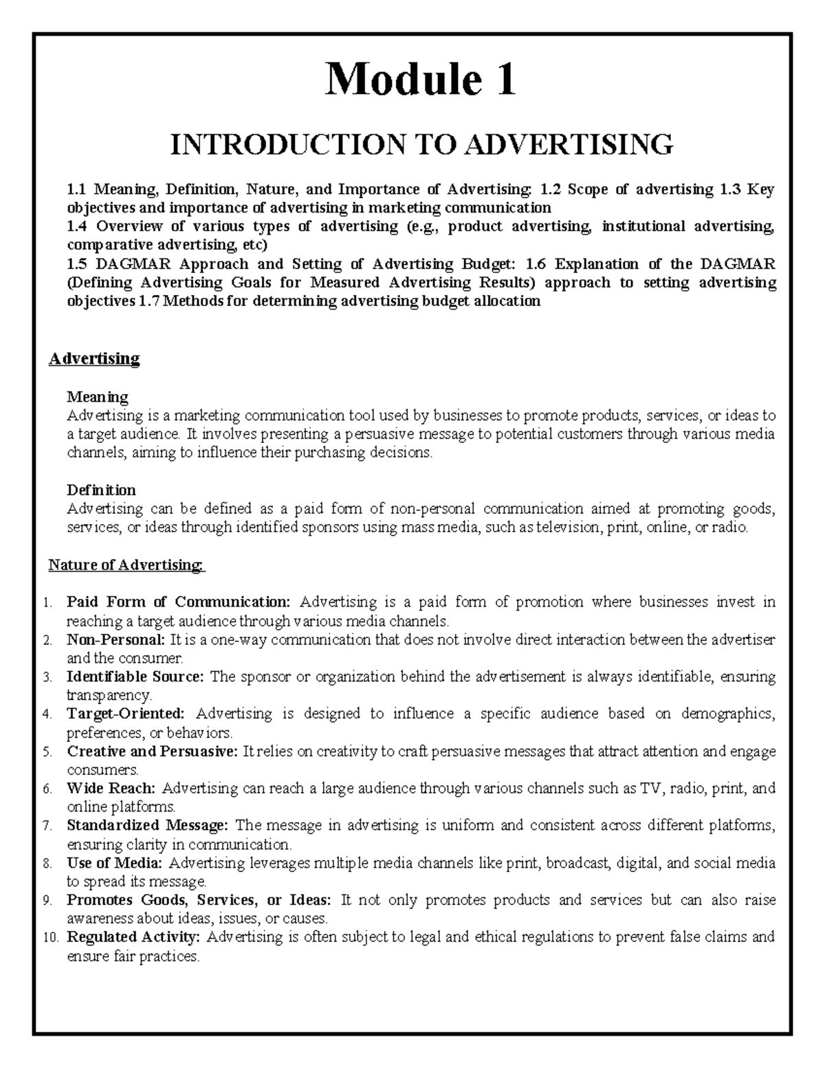 Introduction to Advertising: Meaning, Importance & Types - M1 - Studocu