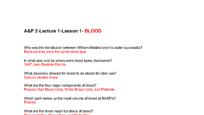 A&P 2 Lecture 1: Comprehensive Blood Study Guide - Studocu