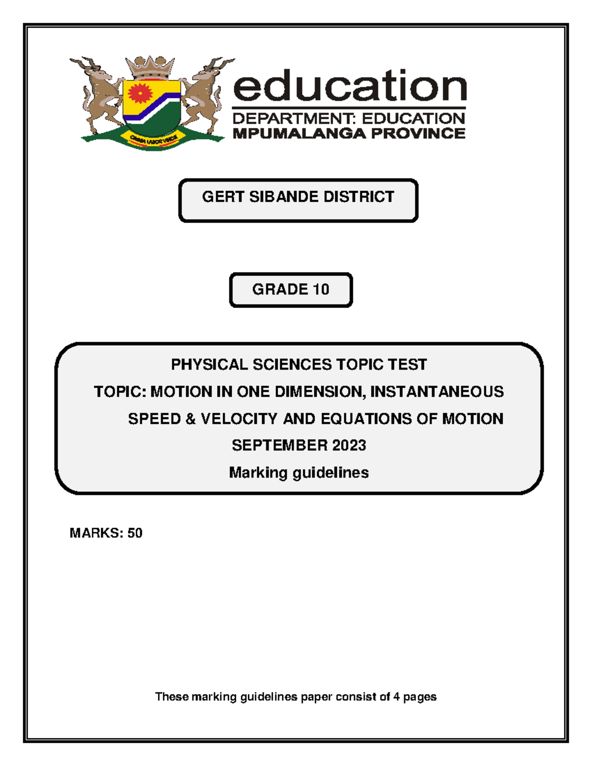 G10 PHYSICAL SCIENCES TOPIC TEST MEMO: MOTION, SPEED & VELOCITY 2023 ...