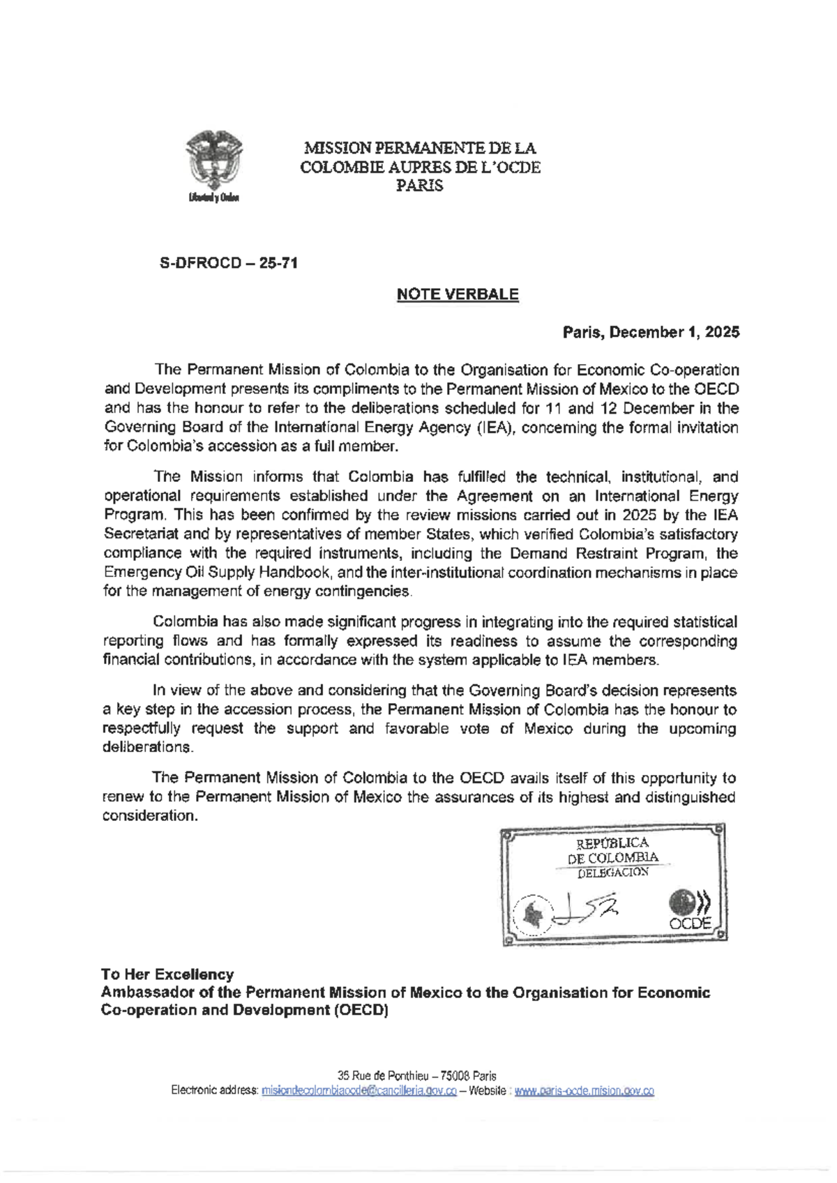S Dfrocd 25 71 - Note Verbale on Colombia's IEA Accession - Studocu