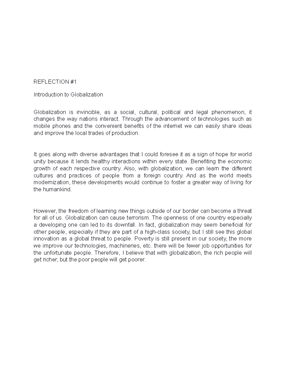 Globalization's Dual Impact: A Reflection Paper on its Influence - Studocu