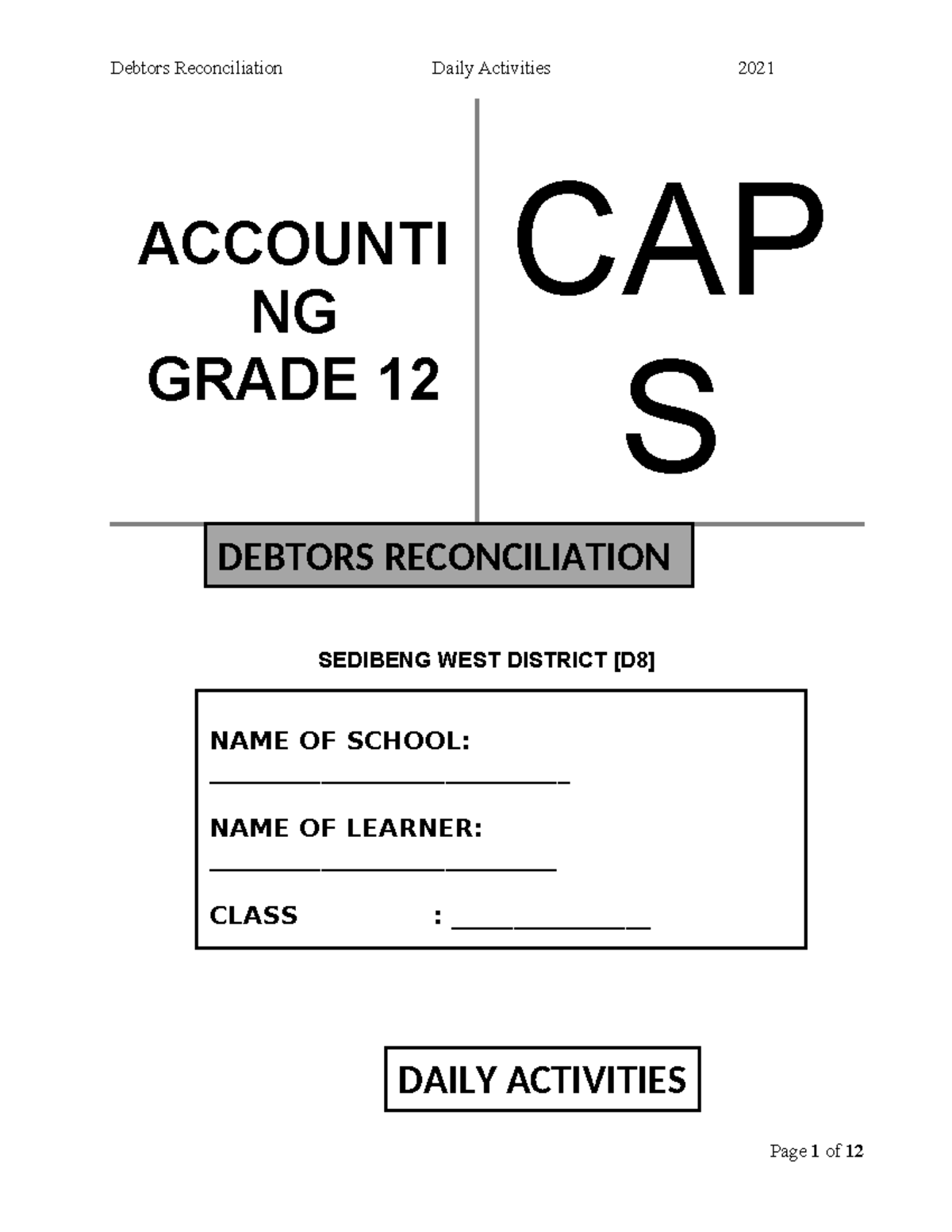 Debtors Reconciliation Activities - Accounting Grade 12 (CAPS) - Studocu