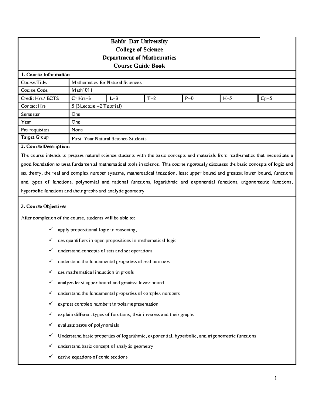Mathematics for Natural Sciences (Math) Course Guide Book - Studocu