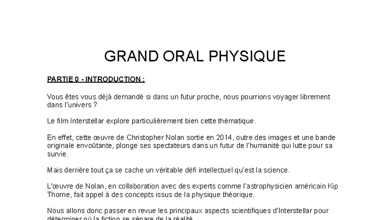 Grand Oral Physique - Analyse Scientifique d'Interstellar - Studocu