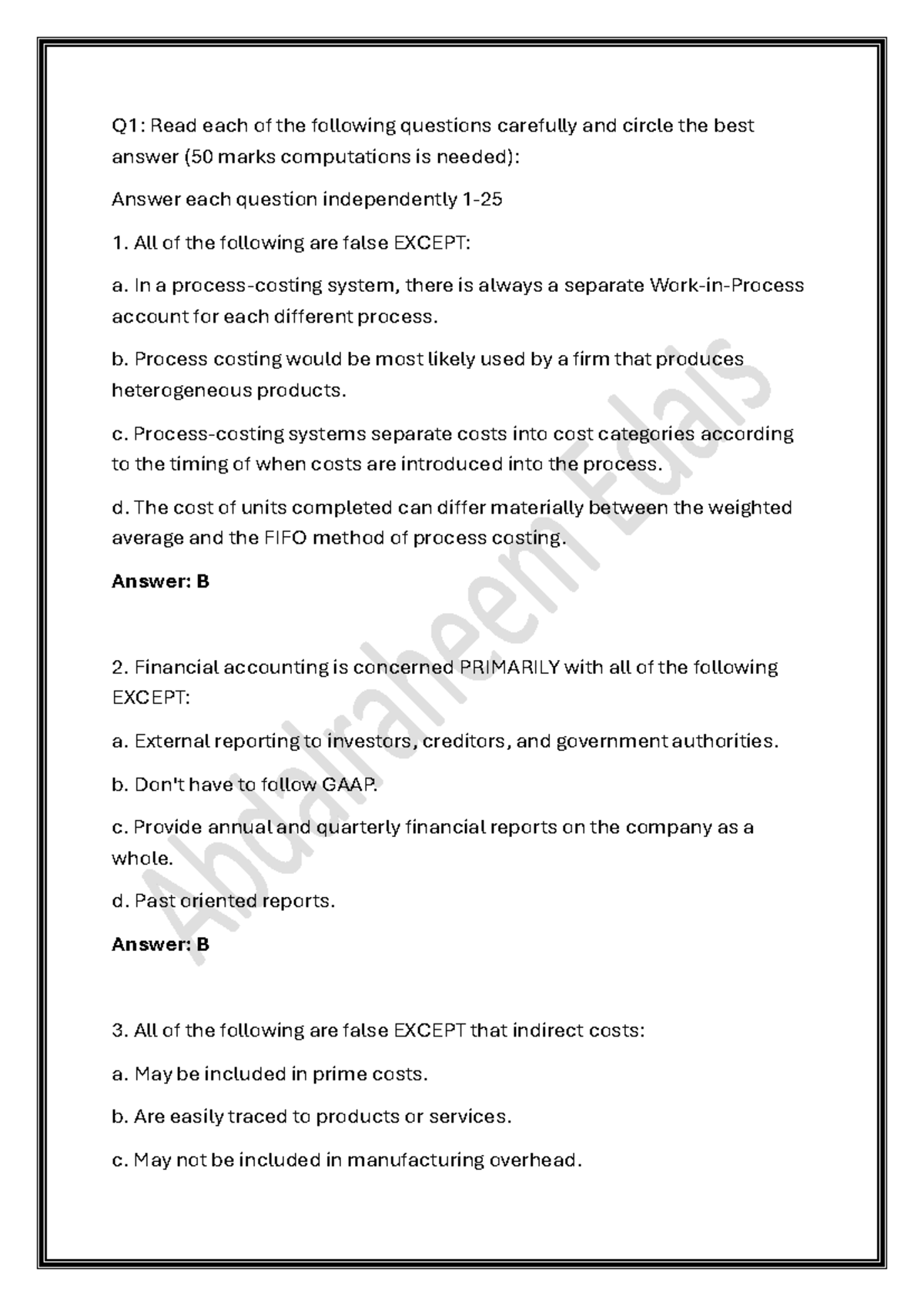 Test Bank - Cost Accounting Q1: Multiple Choice Questions and Answers ...