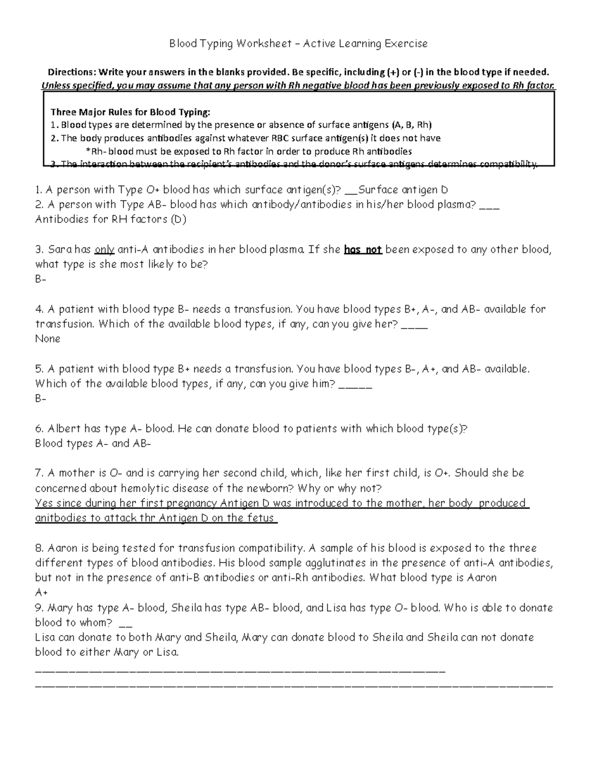 Blood Typing Worksheet - Be specific, including (+) or (-) in the blood ...