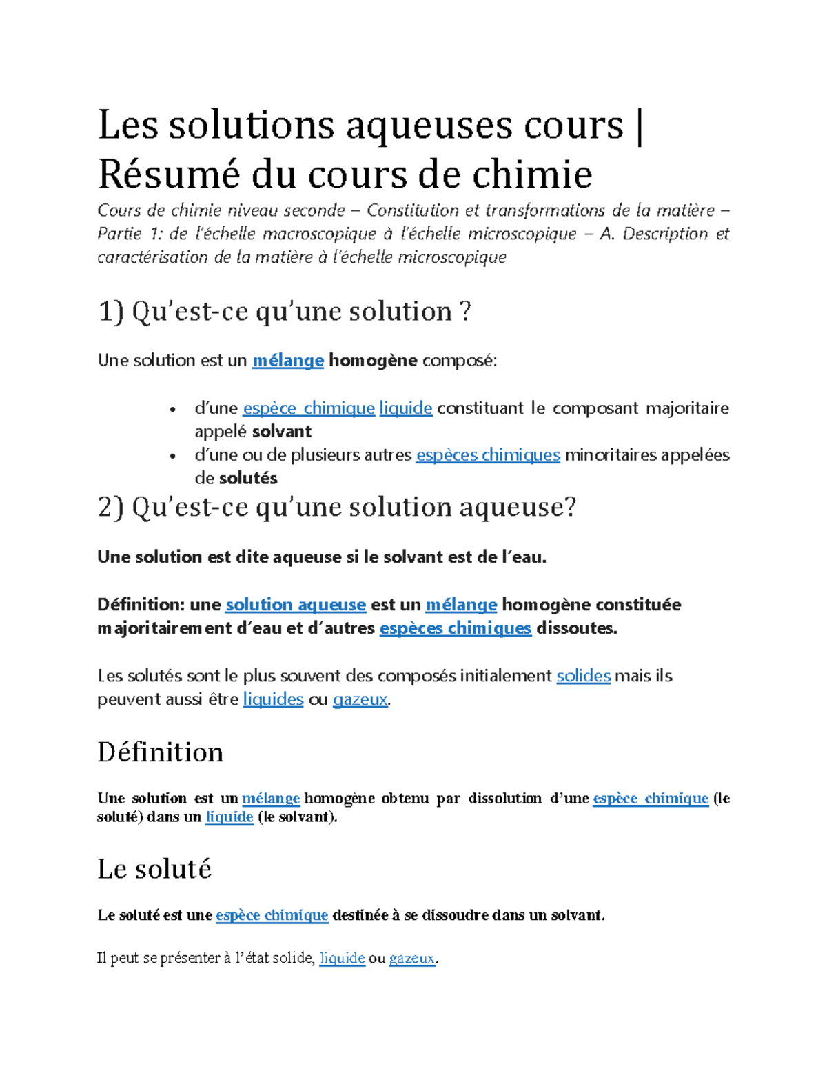 Résumé du Cours de Chimie: Les Solutions Aqueuses (Niveau Seconde ...