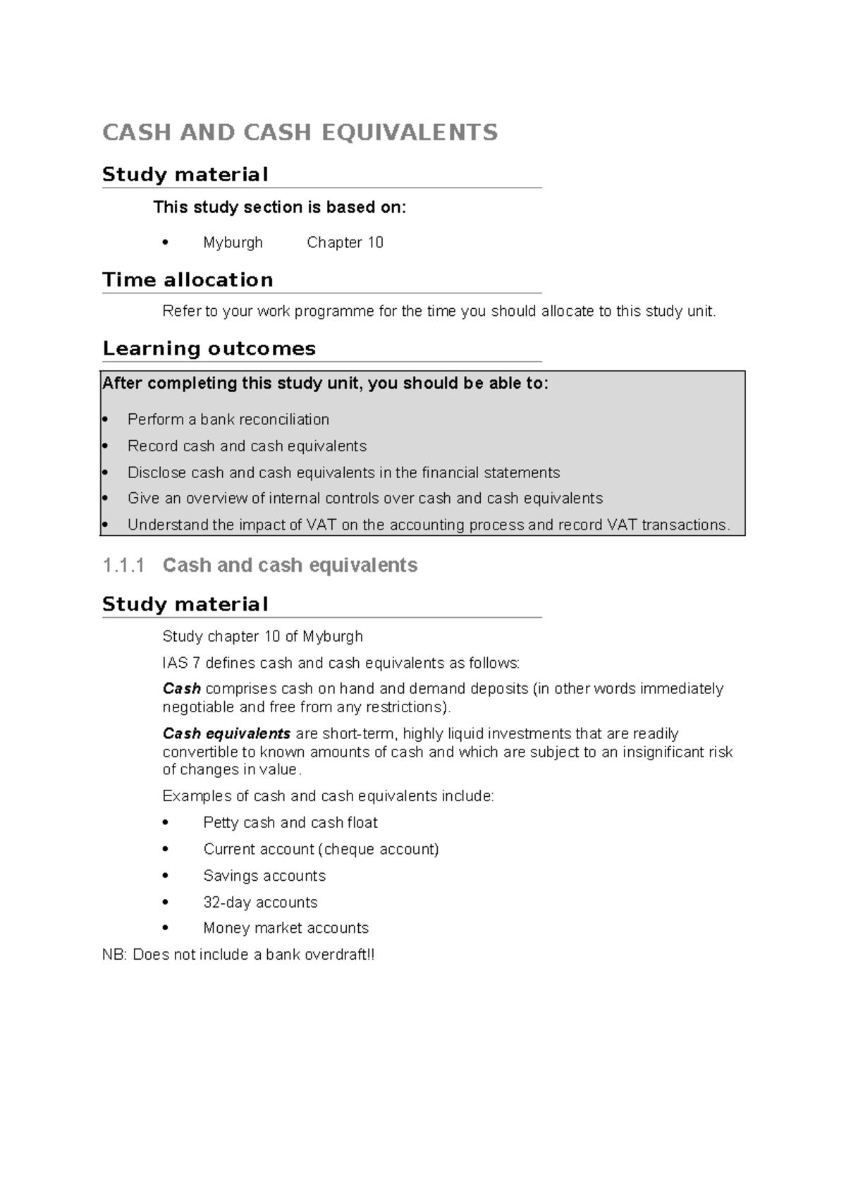 SG Cash & Cash Equivalents Study Notes - Myburgh Ch 10 Overview - Studocu