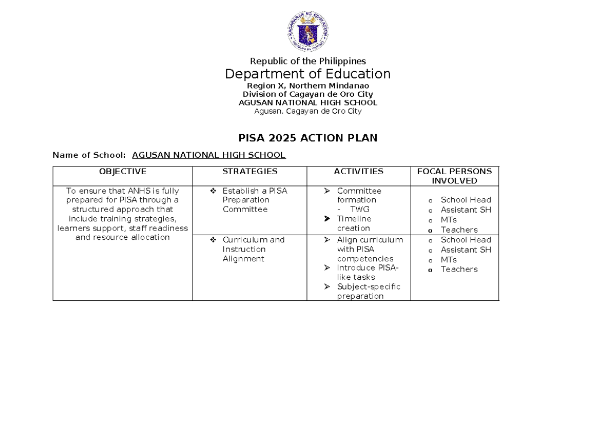 PISA 2025 Readiness Action Plan for Agusan National High School - Studocu