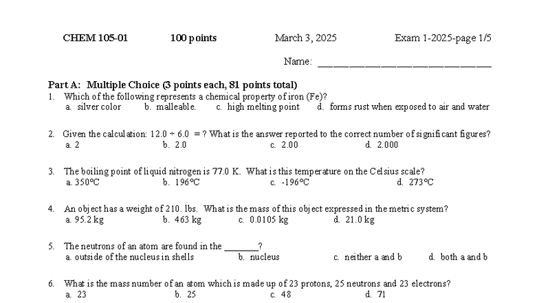 CHEM 100 Final Exam Review: Key Concepts & Practice Questions - Studocu