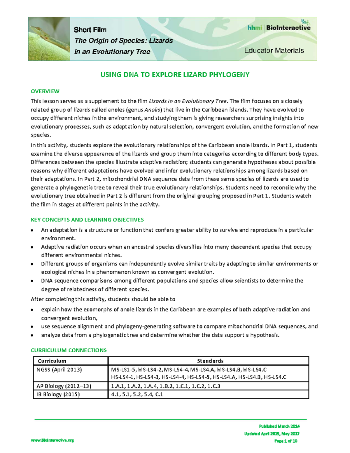 Anole Lizards Evolution: Phylogeny Activity for AP Biology (2012-13 ...