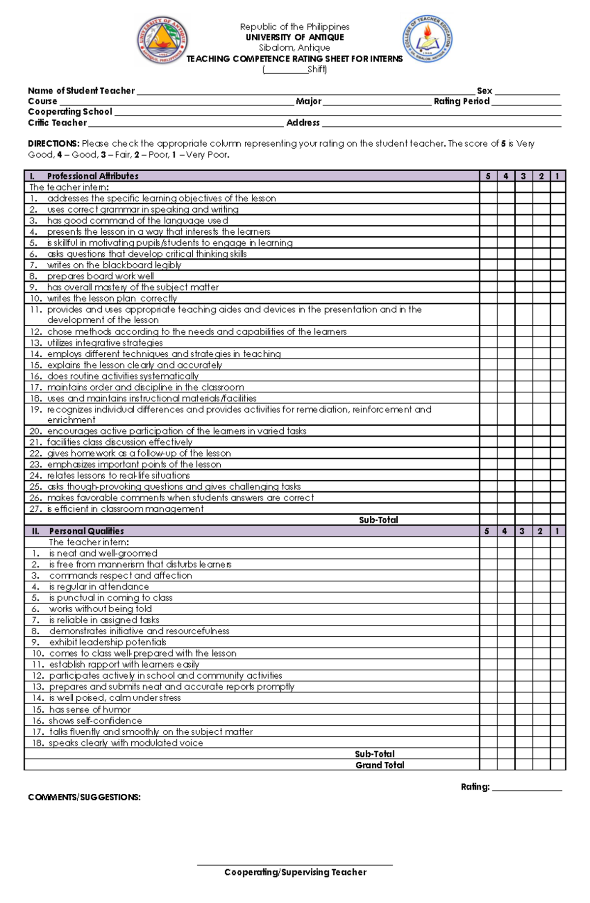 Teaching Competence Rating Sheet for Interns - Course Code: [Insert ...