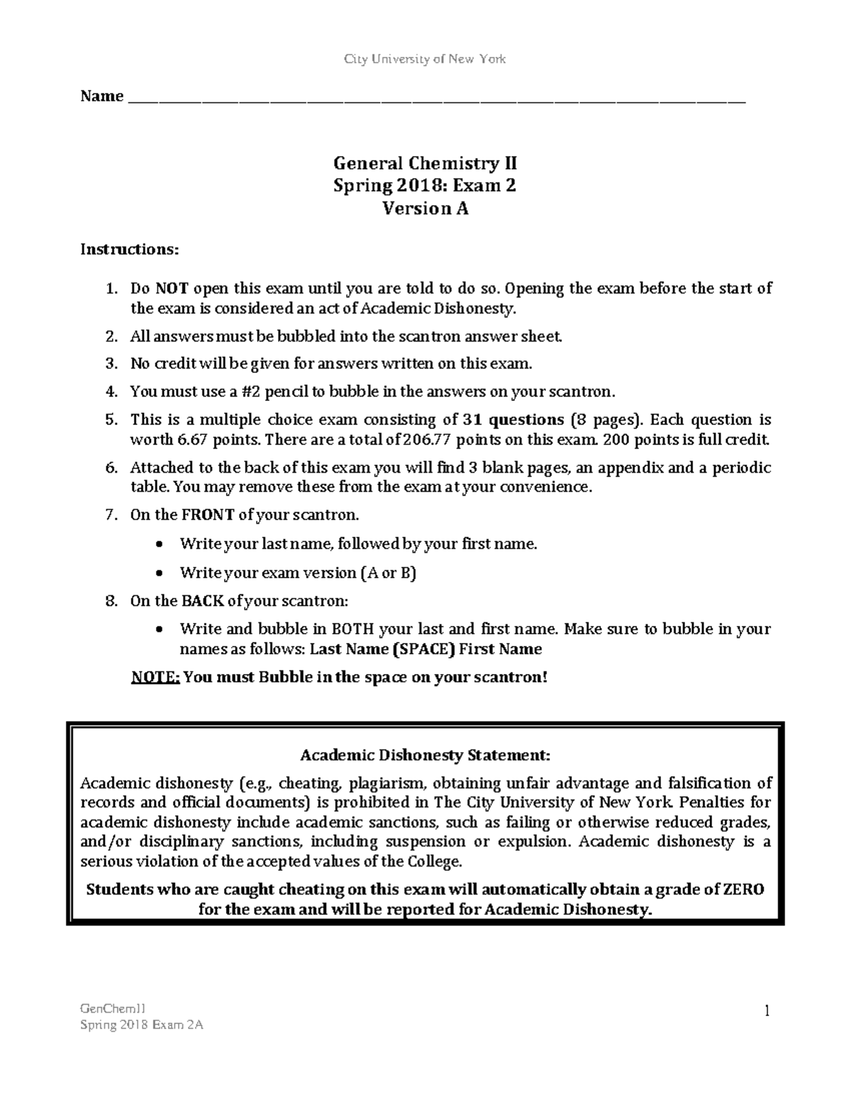 GenChemII Spring 2018: Exam 2A Instructions and Questions - Studocu