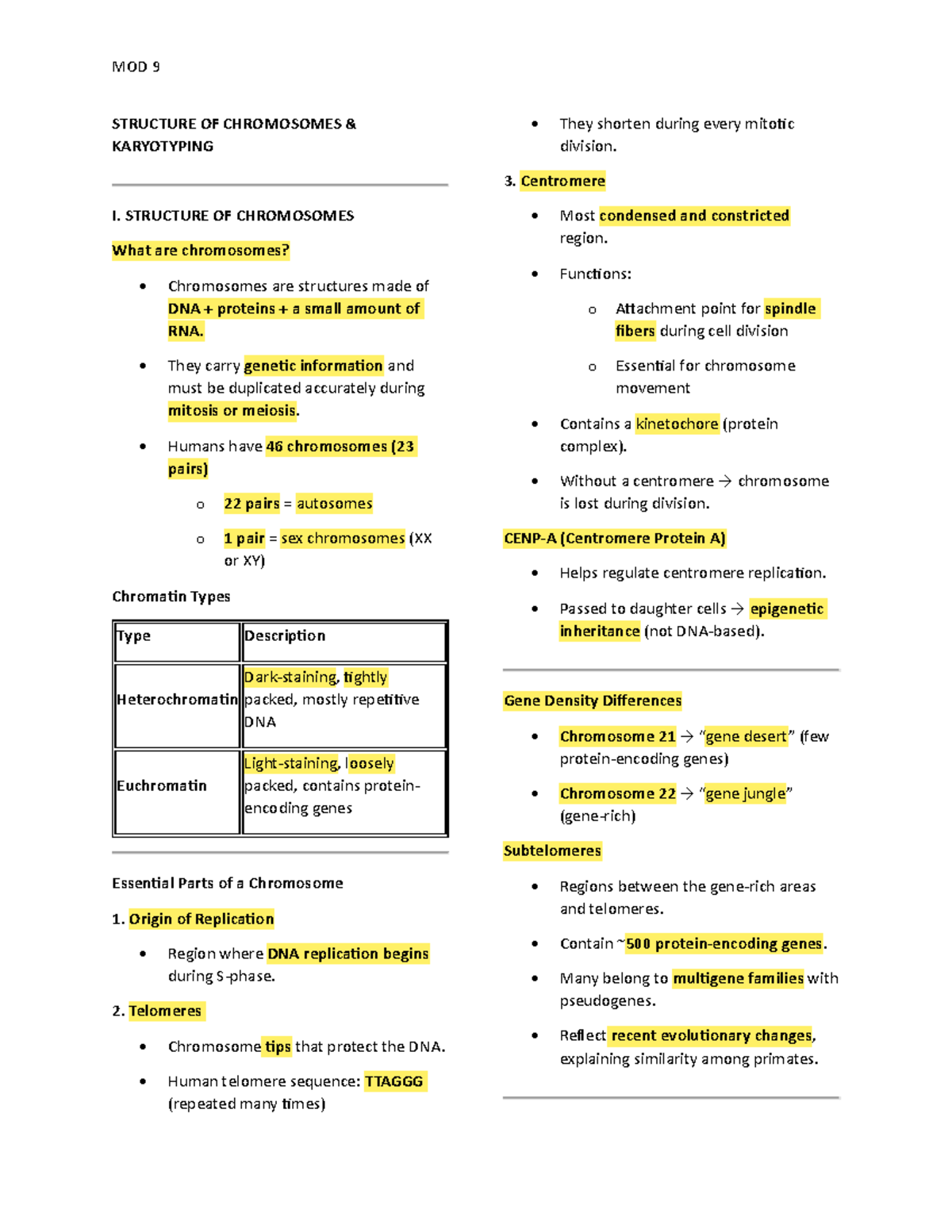 CYTO MOD 9 - Structure of Chromosomes and Karyotyping Overview - Studocu
