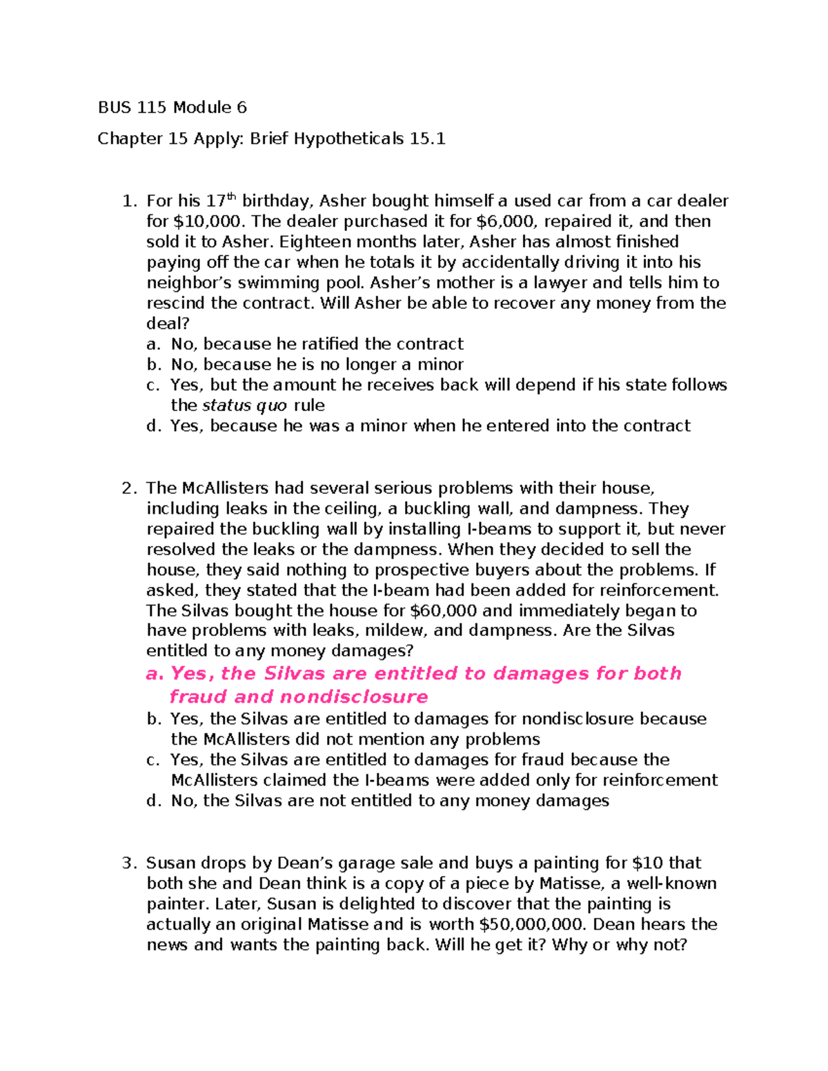 BUS 115 Chapter 15 Apply Brief Hypotheticals 15 - BUS 115 Module 6 ...