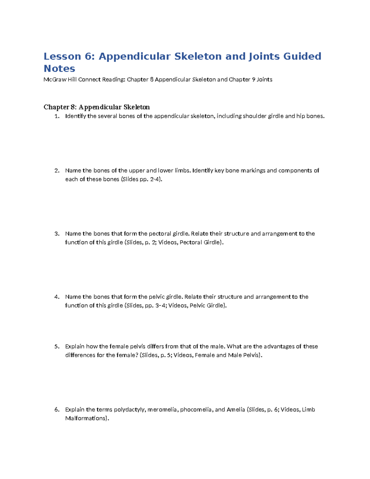 Guided Notes: Appendicular Skeleton & Joints (Lesson 6, Ch. 8 & 9 ...
