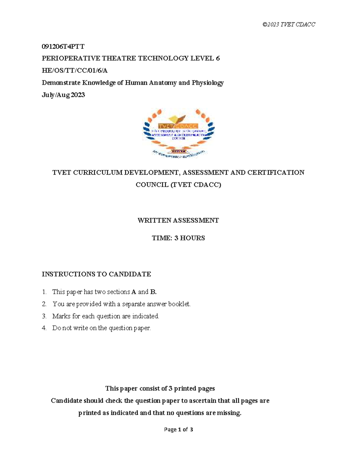 TVET CDACC 091206T4PTT Level 6 Exam: Anatomy & Physiology Skills - Studocu