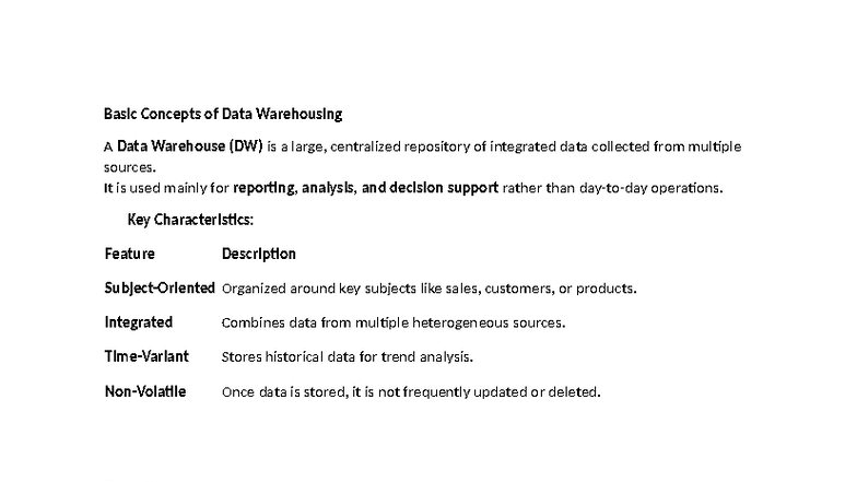 Basic Concepts of Data Warehousing (DW) - Key Features & Techniques - Studocu